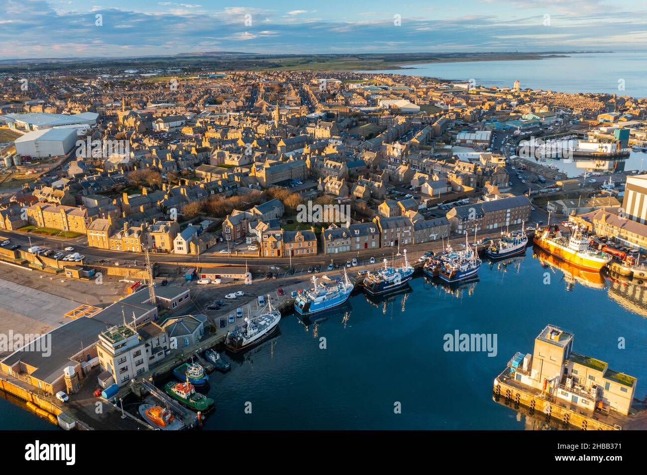Aerial view of Peterhead old town and fishing harbour in Aberdeenshire ...