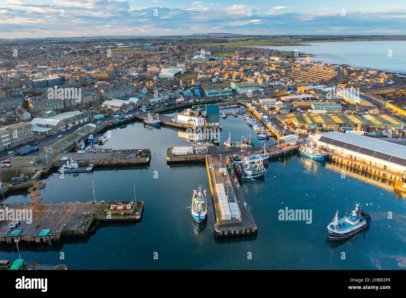 Aerial view of Peterhead old town and fishing harbour in Aberdeenshire ...