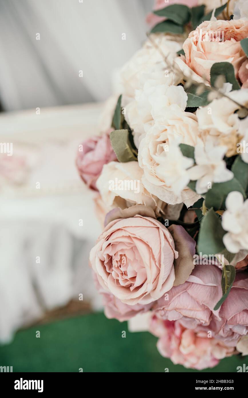 Closeup of pink roses decorating the wedding interior Stock Photo - Alamy