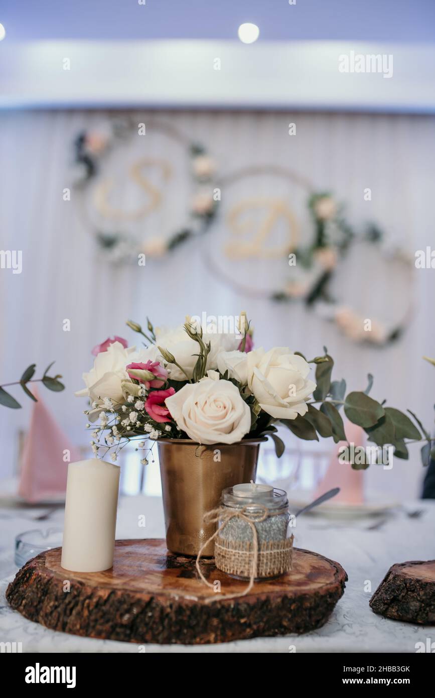 Closeup of pink roses decorating the wedding interior Stock Photo - Alamy