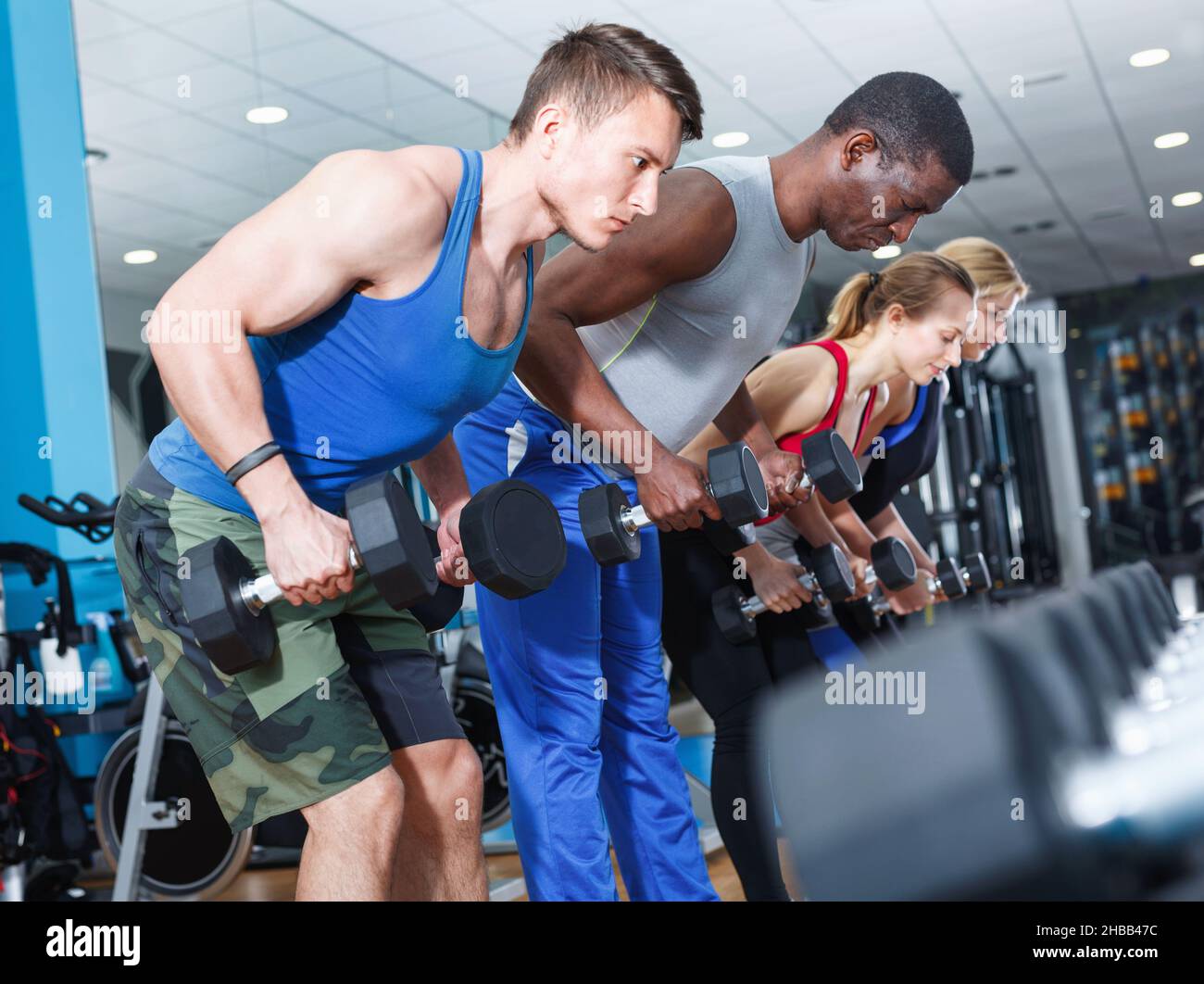 Portrait of athletic young people doing exercises with dumbbells in gym ...