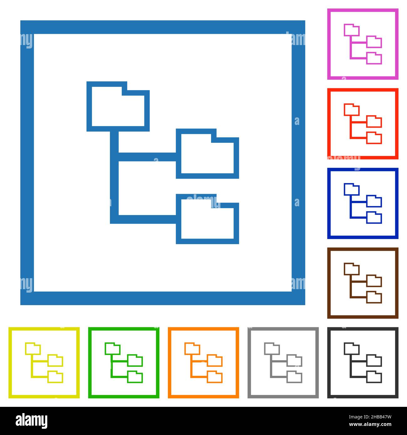 Folder structure outline flat color icons in square frames on white ...