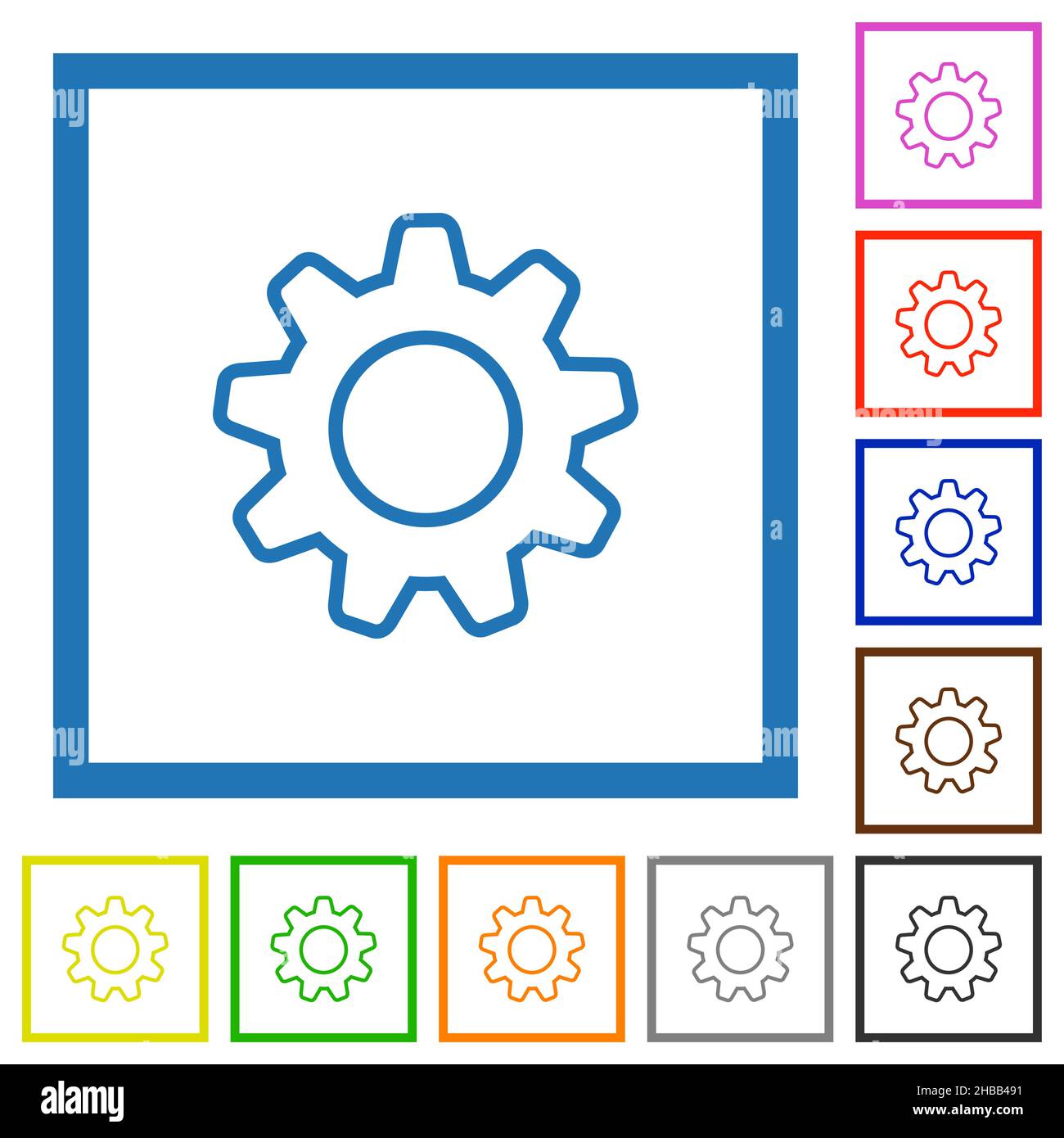 Settings outline flat color icons in square frames on white background ...