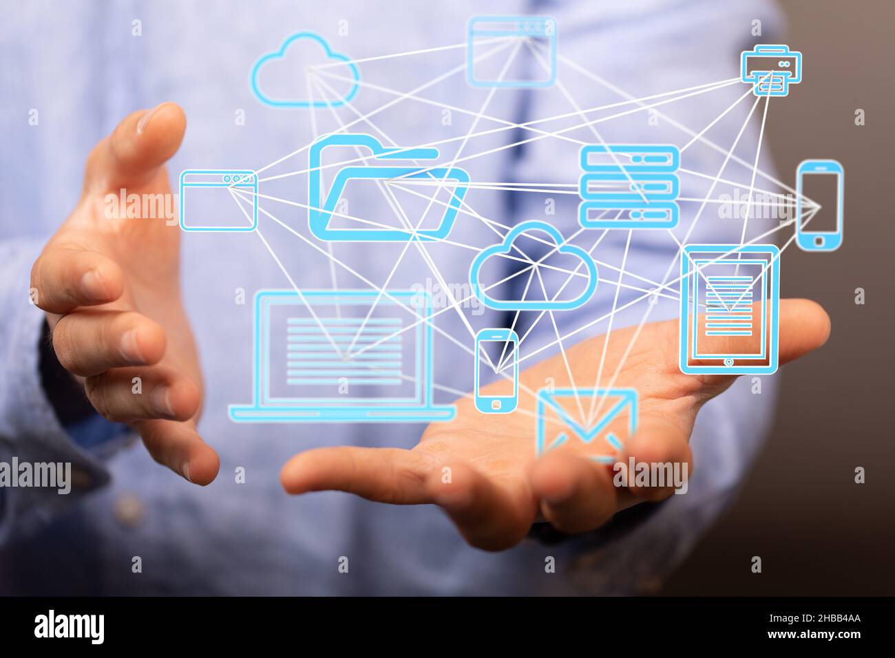 3D rendered abstract of digital network system icons in male hands ...