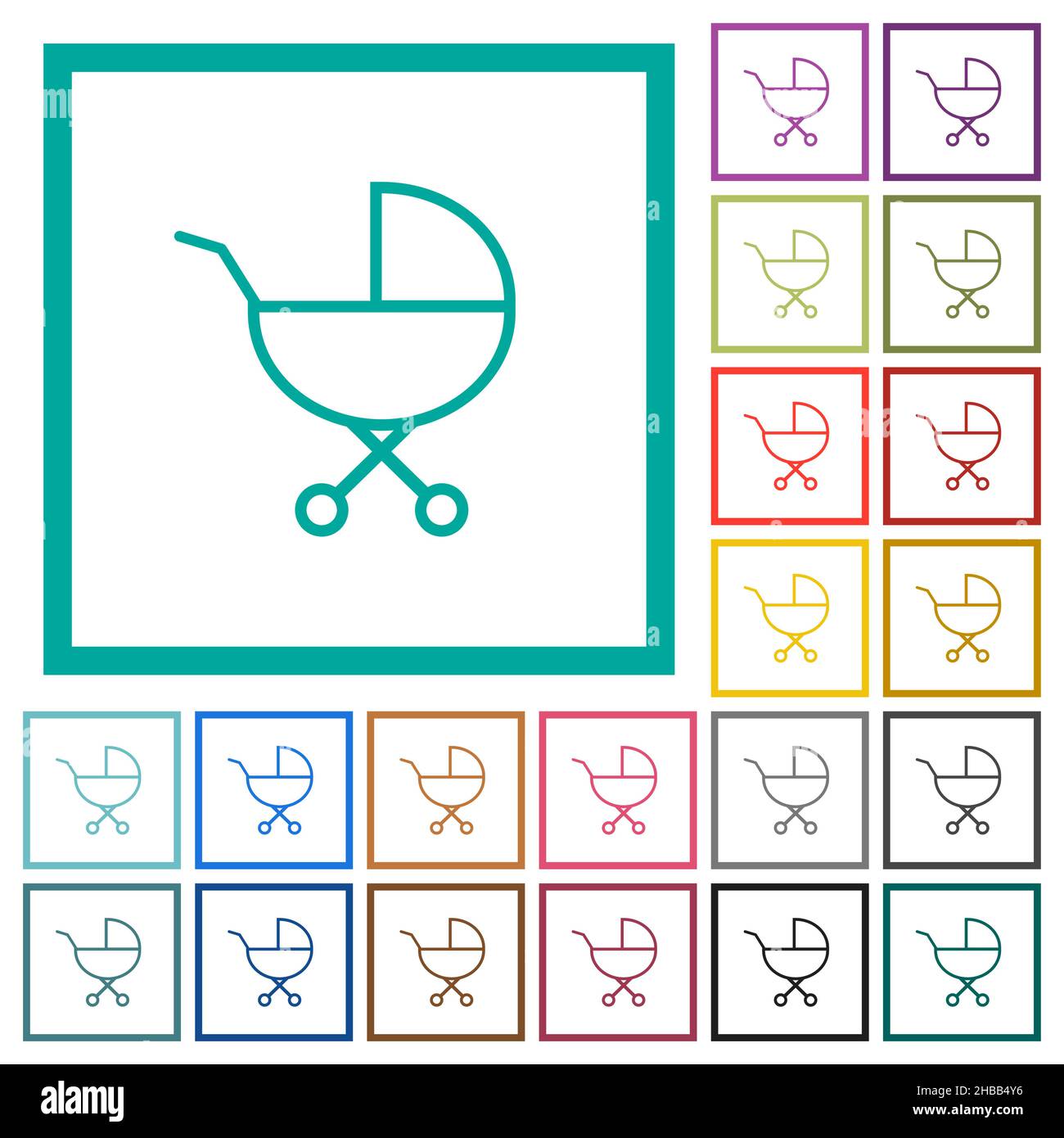 Baby carriage outline flat color icons with quadrant frames on white ...