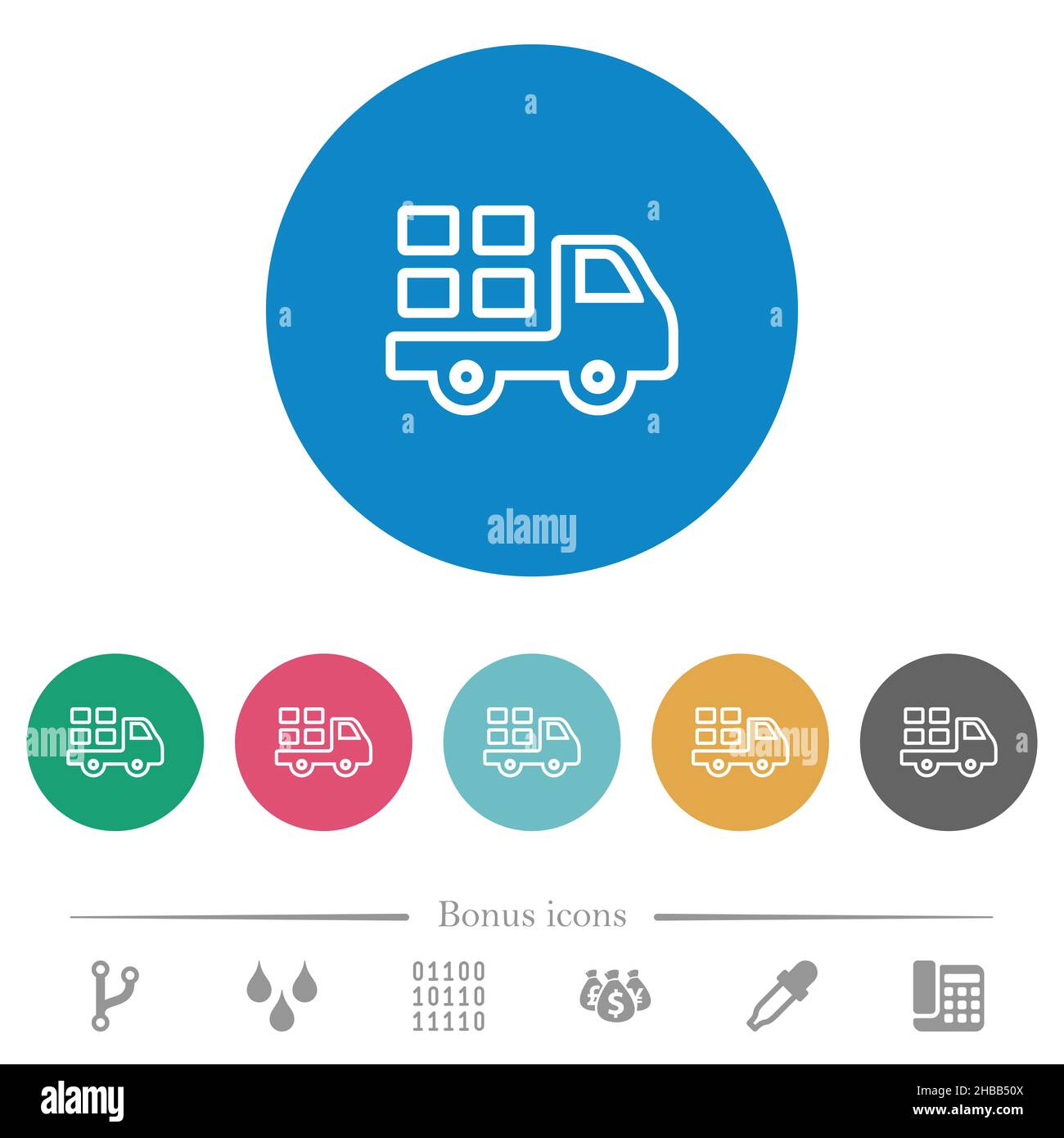 Transport outline flat white icons on round color backgrounds. 6 bonus ...