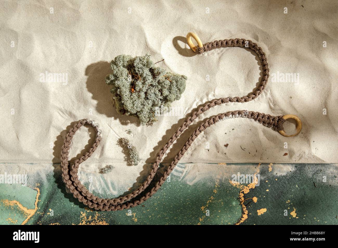 Unrolled moss green yoga mat, rope for stretching and dried moss on ...