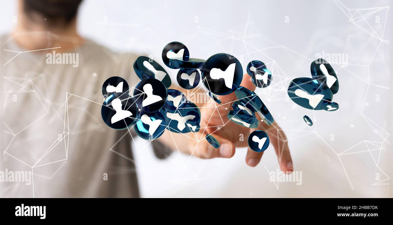Abstract illustration of a sphere network structure and a man on the ...