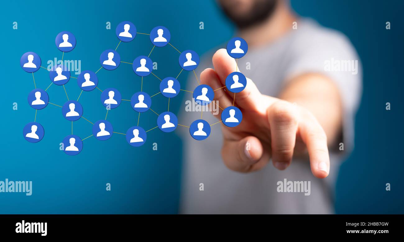 Abstract illustration of a sphere network structure and a man on the ...