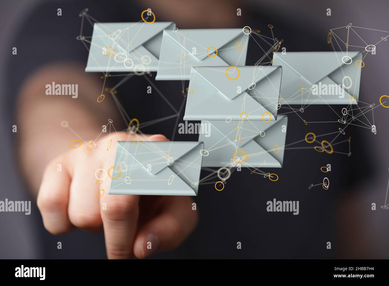 3D rendering of flying email icons and a man in the background Stock ...