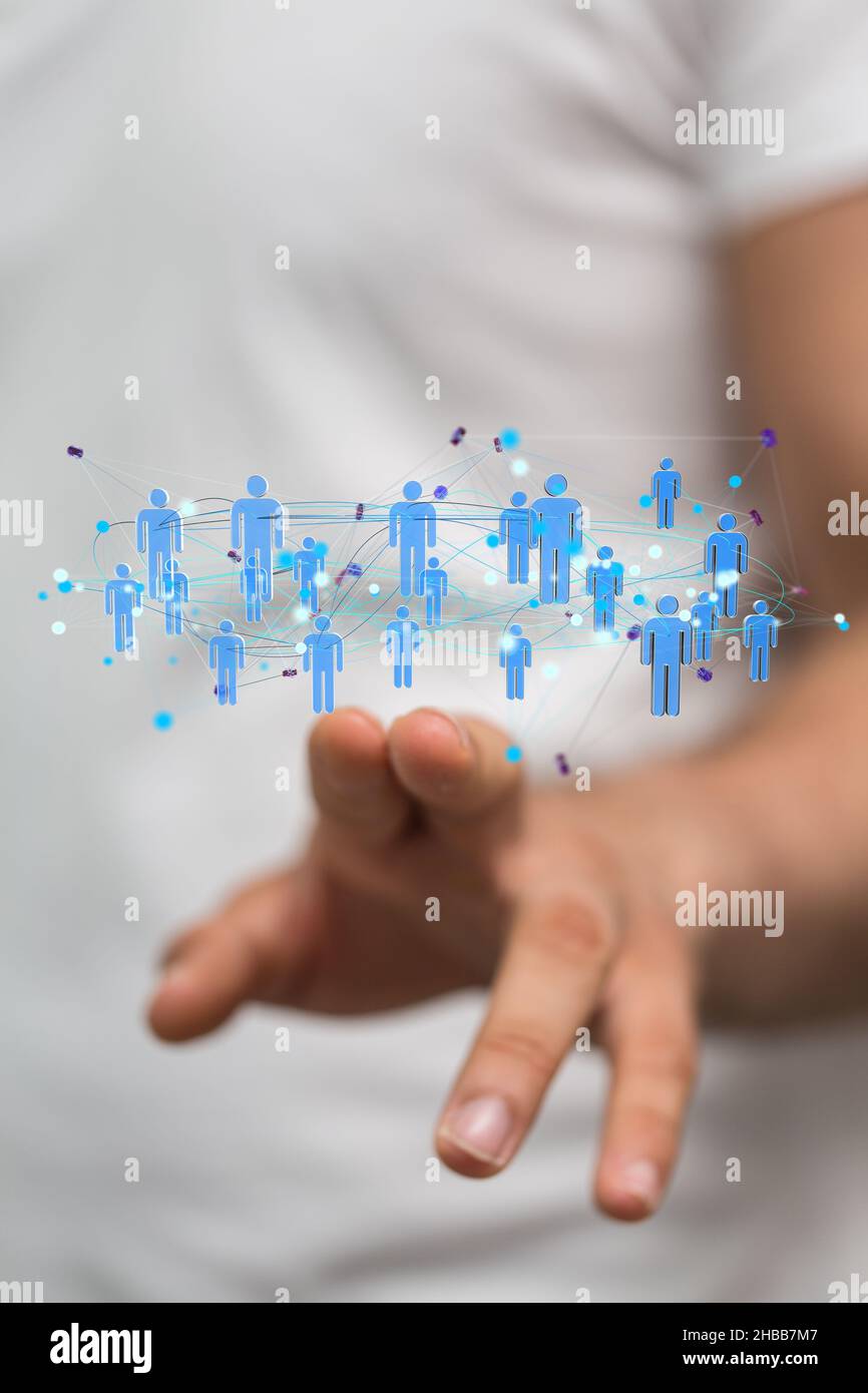 Abstract illustration of a sphere network structure and a man on the ...