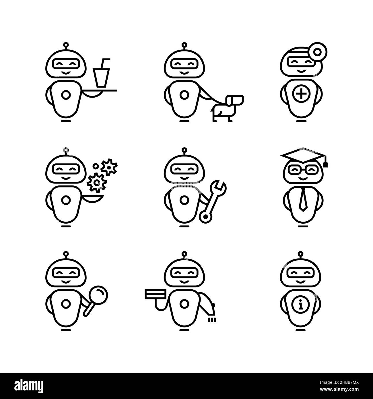 A collection of robotic assistants with various tools and outfits Stock ...