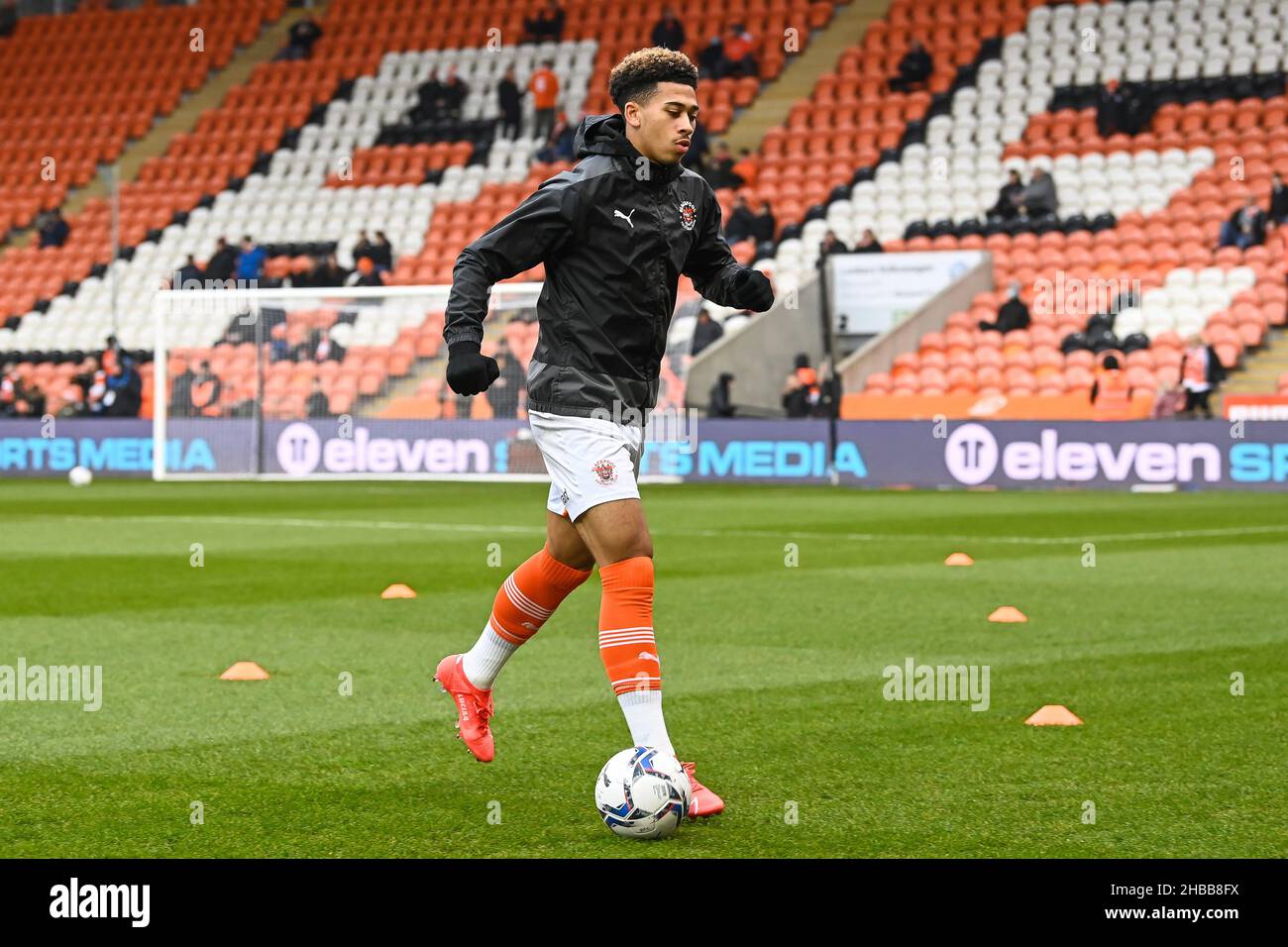 Jordan Lawrence-Gabriel #4 of Blackpool during the pre-game warmup ...