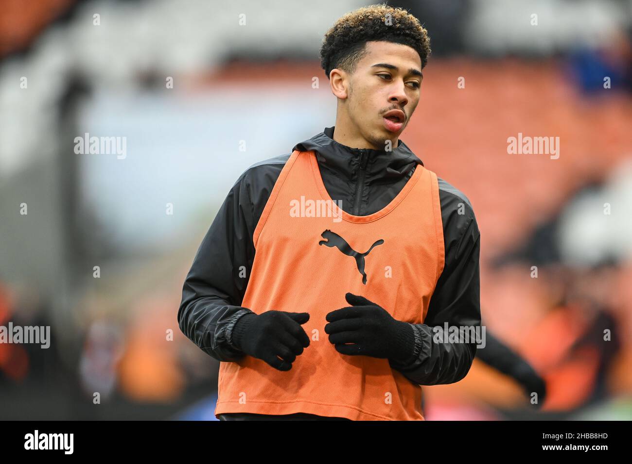 Jordan Lawrence-Gabriel #4 of Blackpool during the pre-game warmup ...