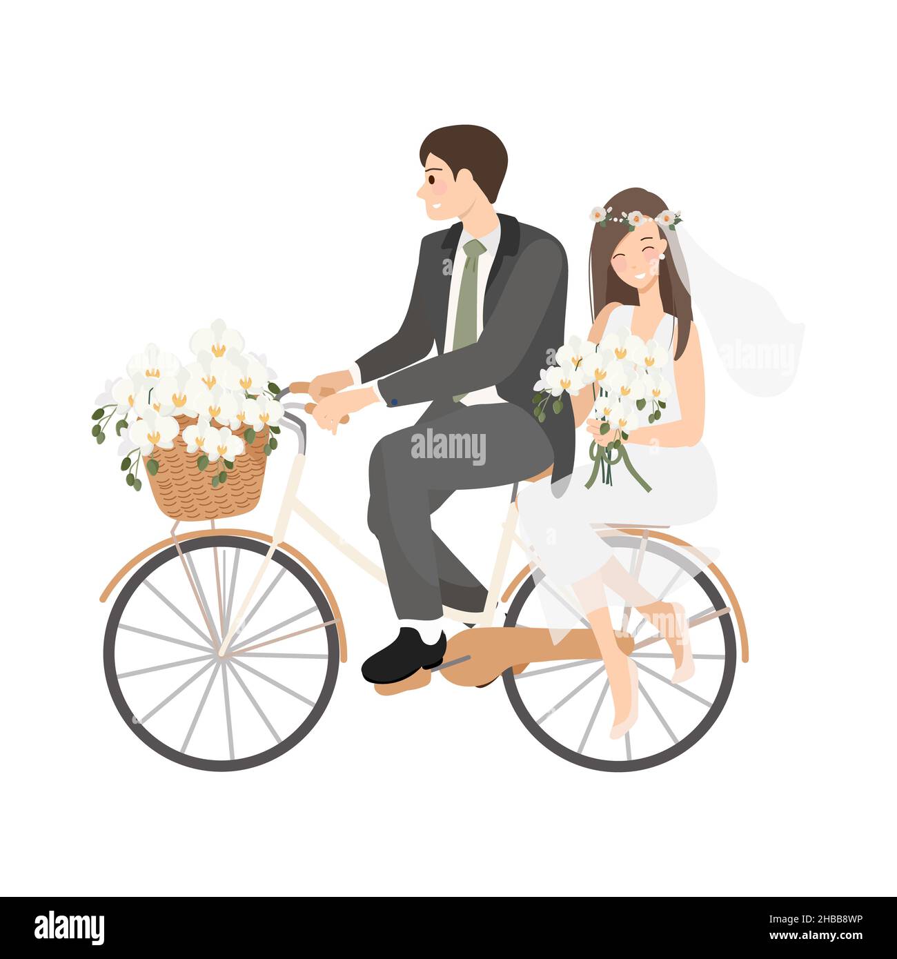 beautiful young just married wedding couple ride bicycle isolated on ...