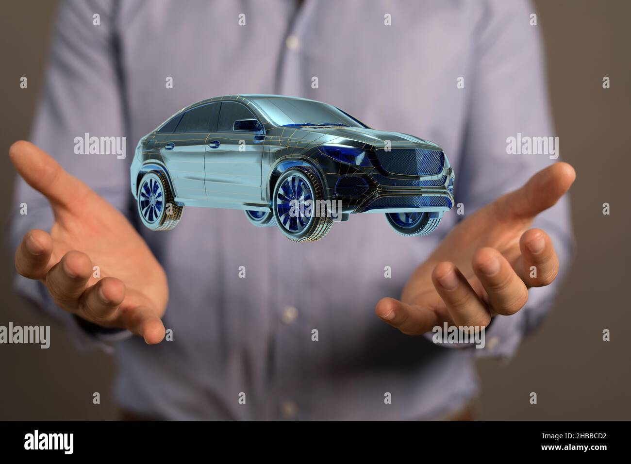 3D rendering of an electric car icon with lines, triangles, and ...