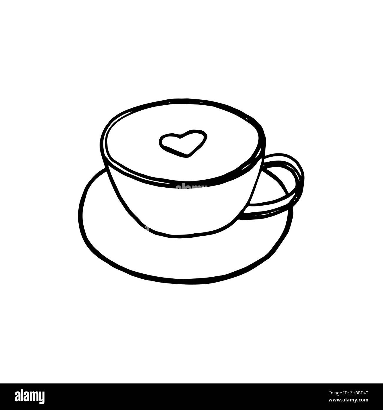 vector drawing of a doodle cup with a saucer, with a heart, isolated ...