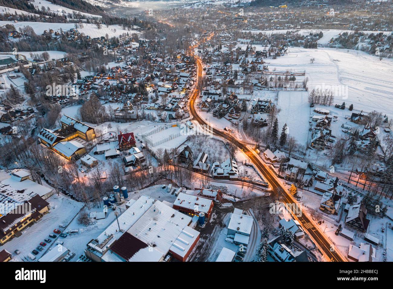 Snow in Zakopane at Winter. Aerial Drone Cityscape at Sunrise Stock ...