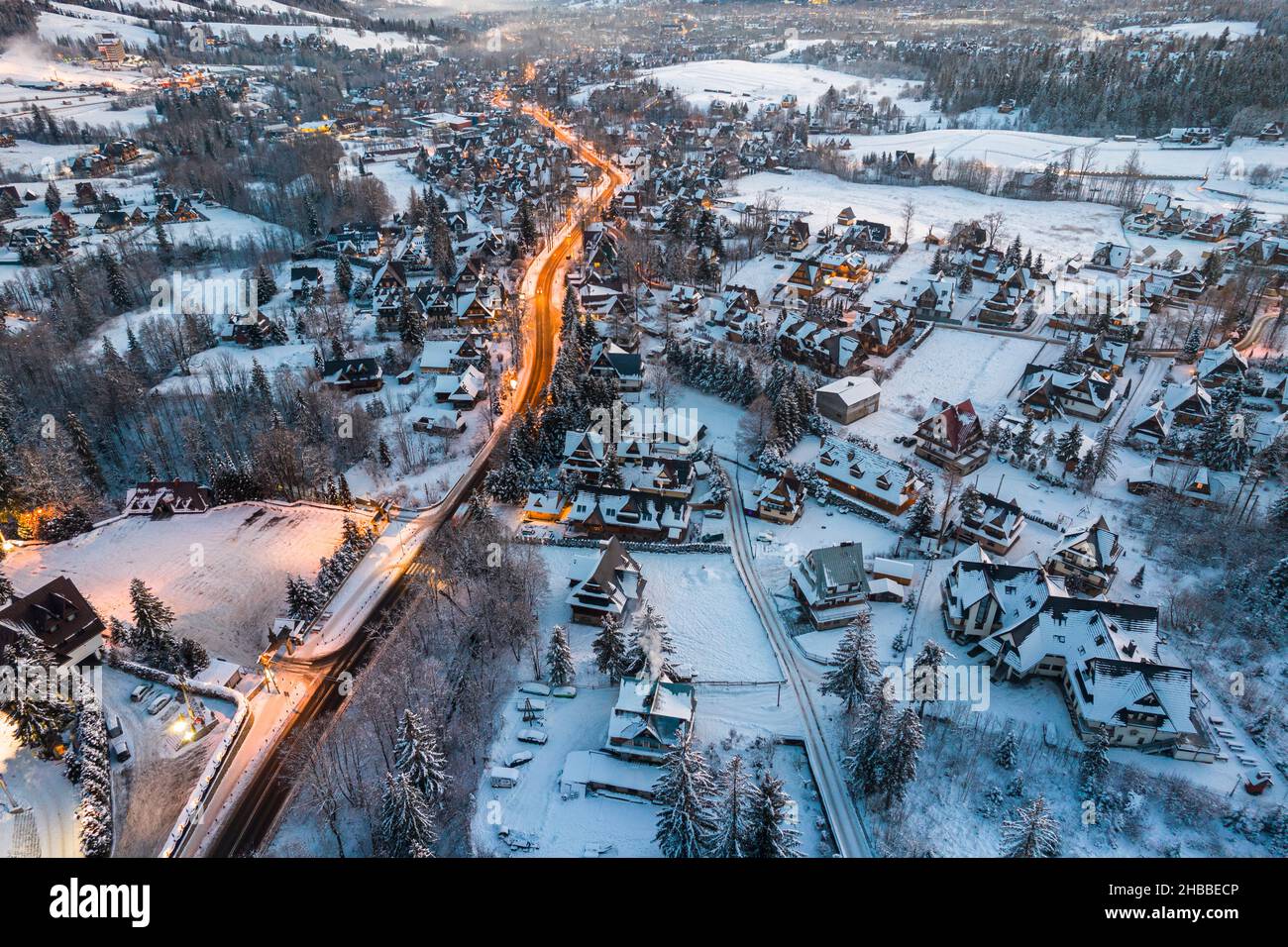 Illuminated Zakopane in Winter. Drone View of Polish Winter Capital ...
