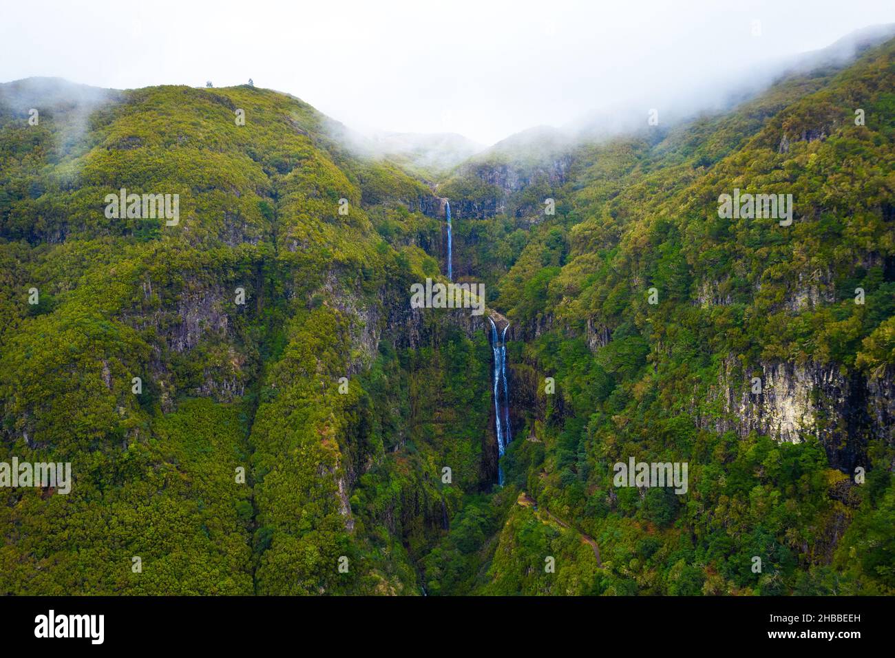 Aerial view of the Risco waterfall in the Madeira Islands, Portugal ...