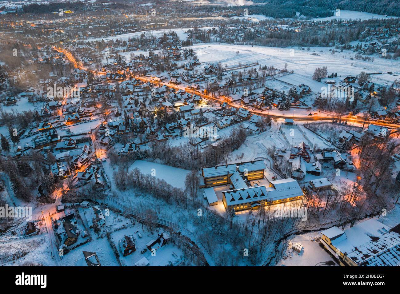Illuminated Zakopane in Winter. Drone View of Polish Winter Capital ...