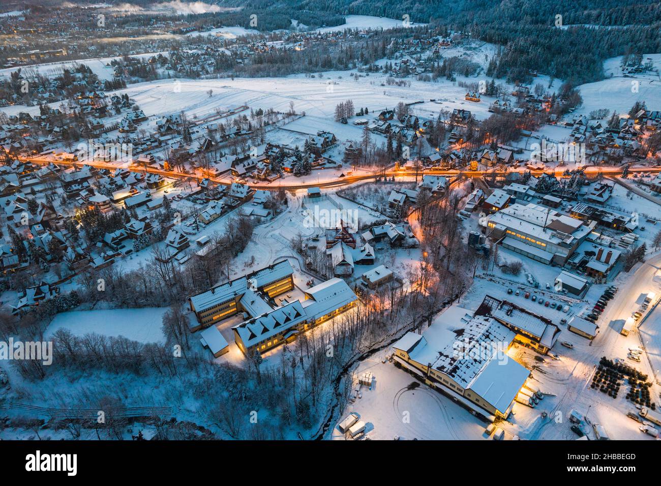 Illuminated Zakopane in Winter. Drone View of Polish Winter Capital ...