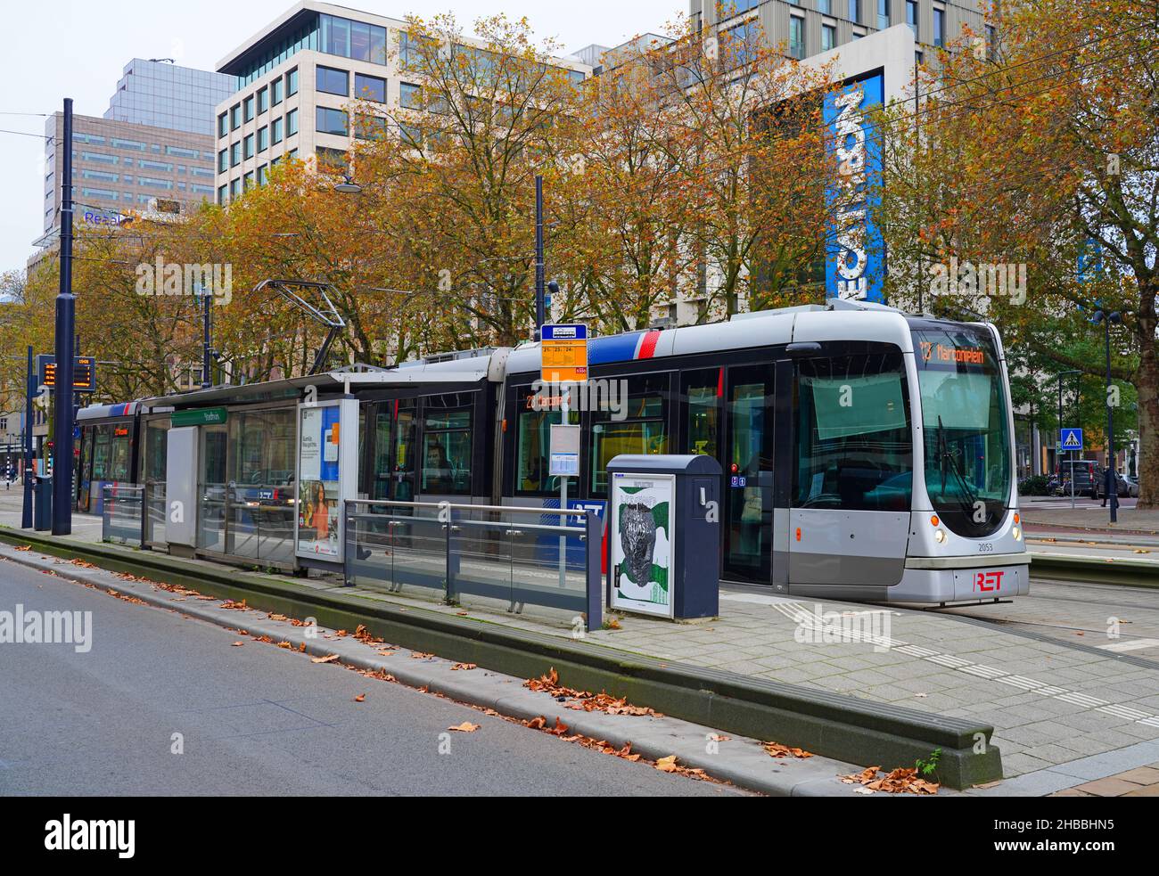 ROTTERDAM, NETHERLANDS -10 NOV 2021- View of a tram streetcar from the ...