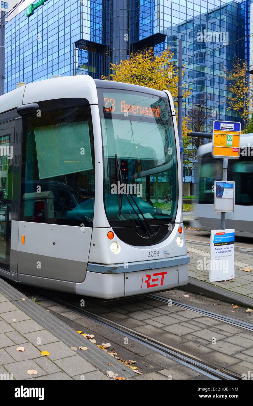 ROTTERDAM, NETHERLANDS -10 NOV 2021- View of a tram streetcar from the ...