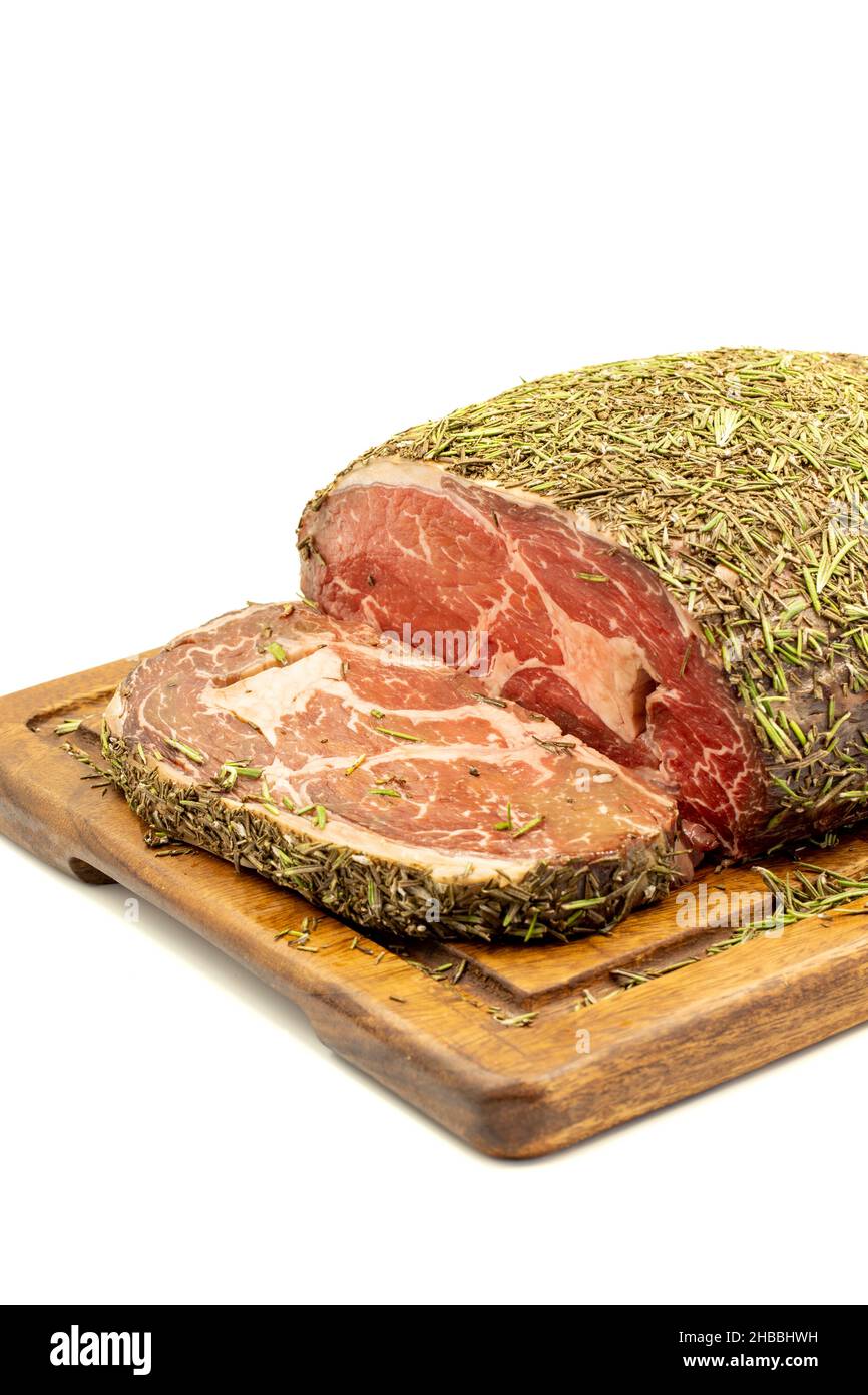 Raw ribeye isolated on a white background. Close-up veal ribeye ...