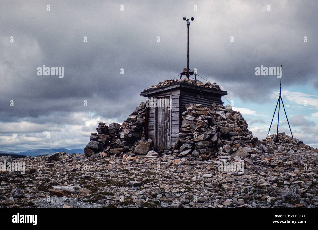 Archive image summer 1989. Wooden hut with wind gauge protected by ...