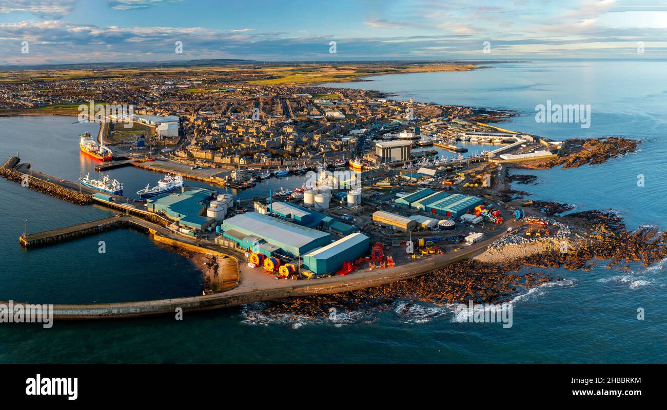Aerial view of Peterhead old town and fishing harbour in Aberdeenshire ...