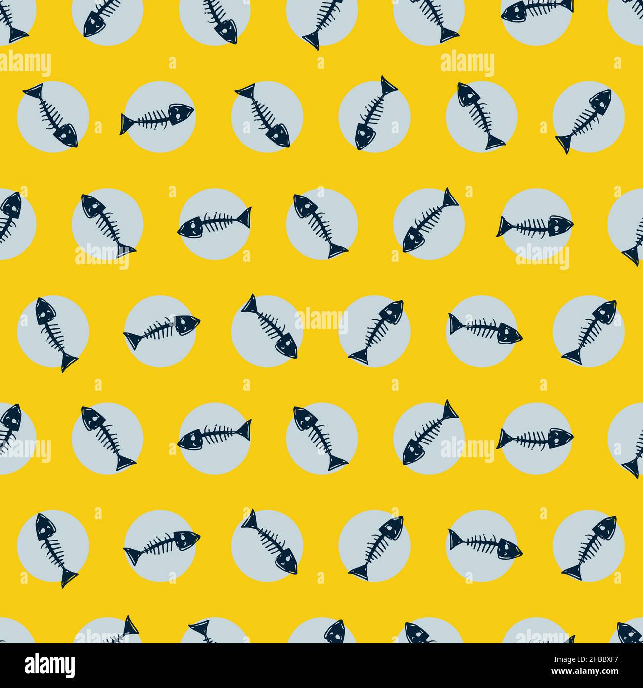 Vector yellow pen sketch fish bone seamless pattern with polka dots ...