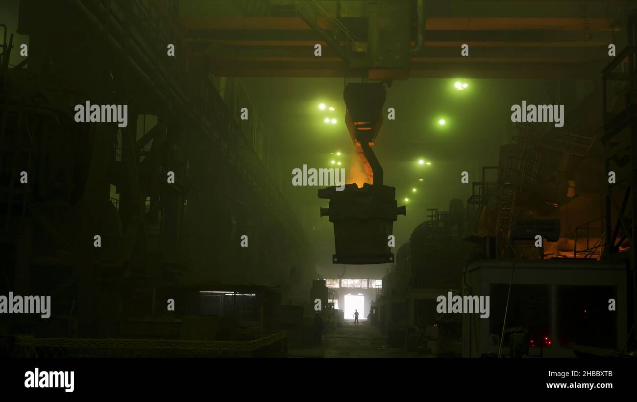 View inside of metallurgical shop with grean glow and big vat with ...