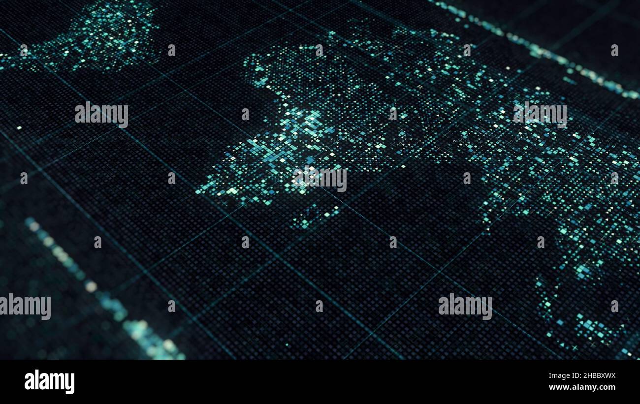 Abstract animation of world map in digital screen with colorful dots ...