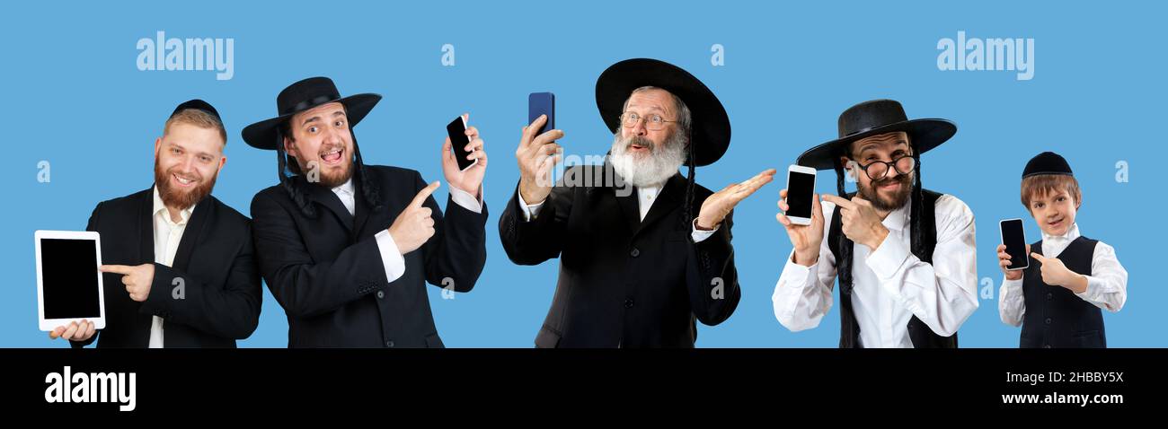 Set of portraits of mixed aged men, orthodox jewish men with digital ...