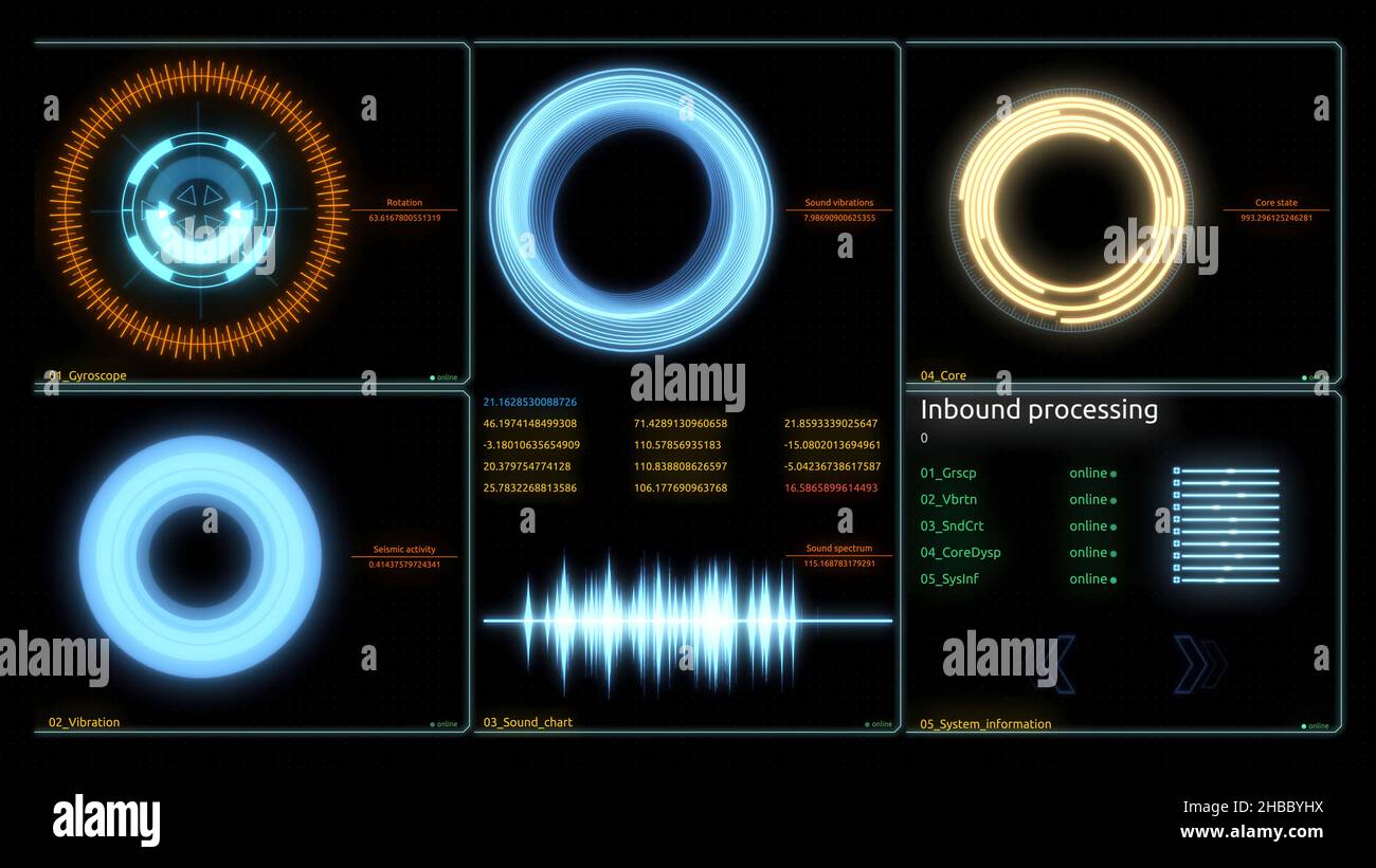 Futuristic Technology Interface Computer Data Screen. Various Animated Infographics Charts as ...
