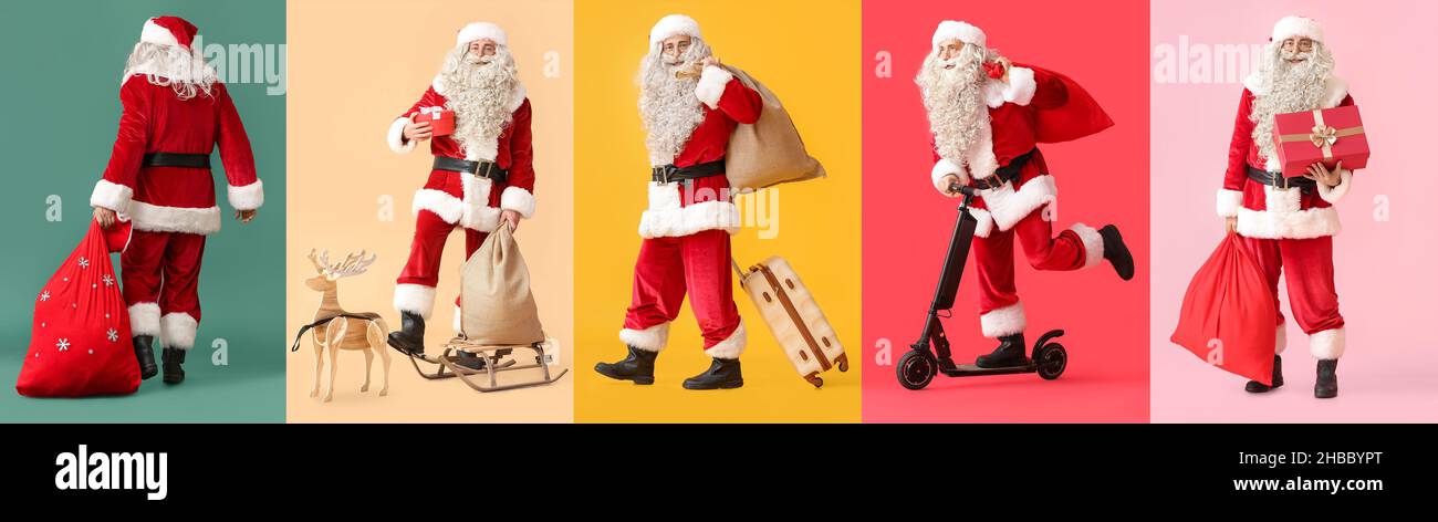 Collage of Santa Claus on color background Stock Photo - Alamy