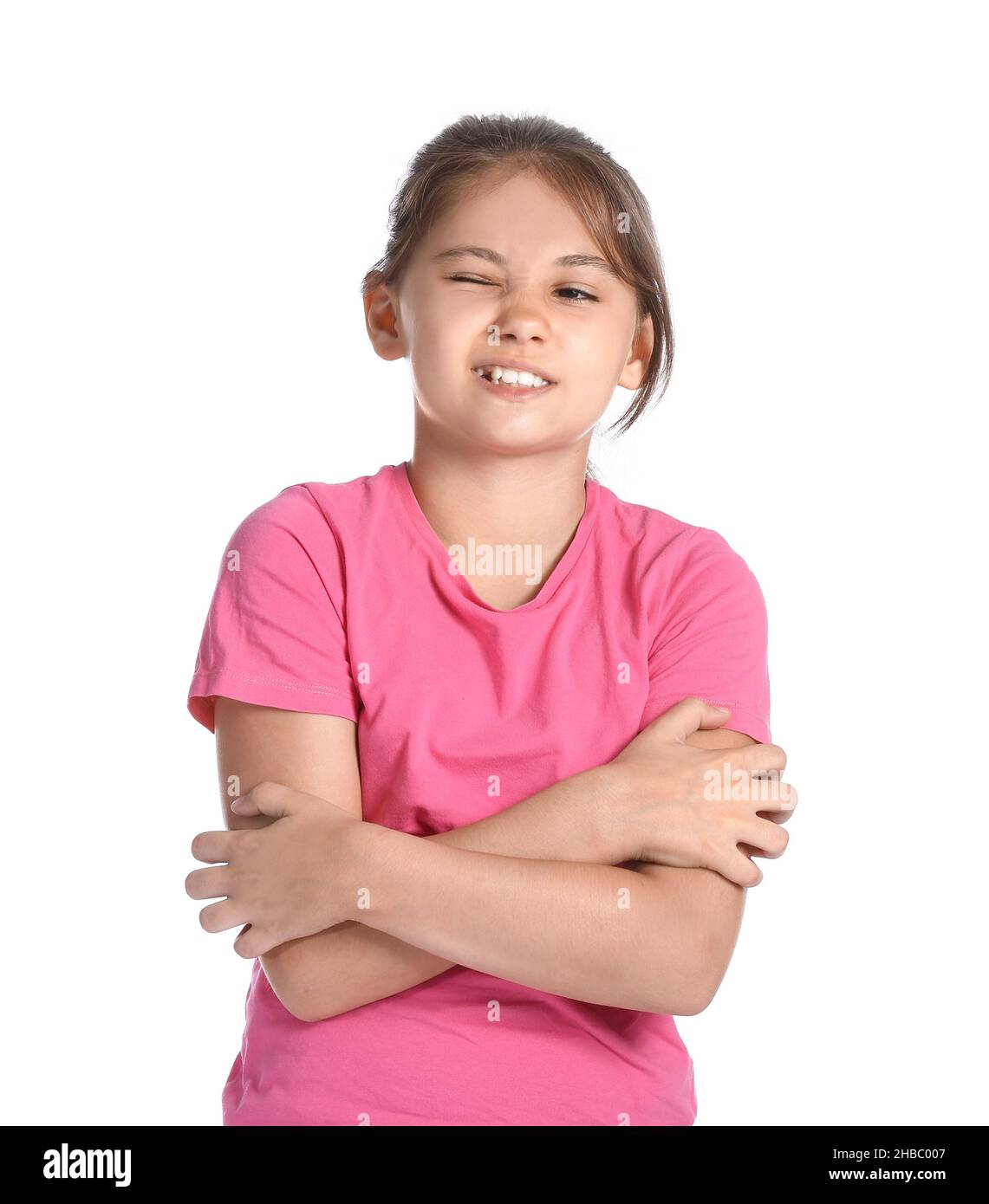 Little girl scratching herself on white background Stock Photo - Alamy