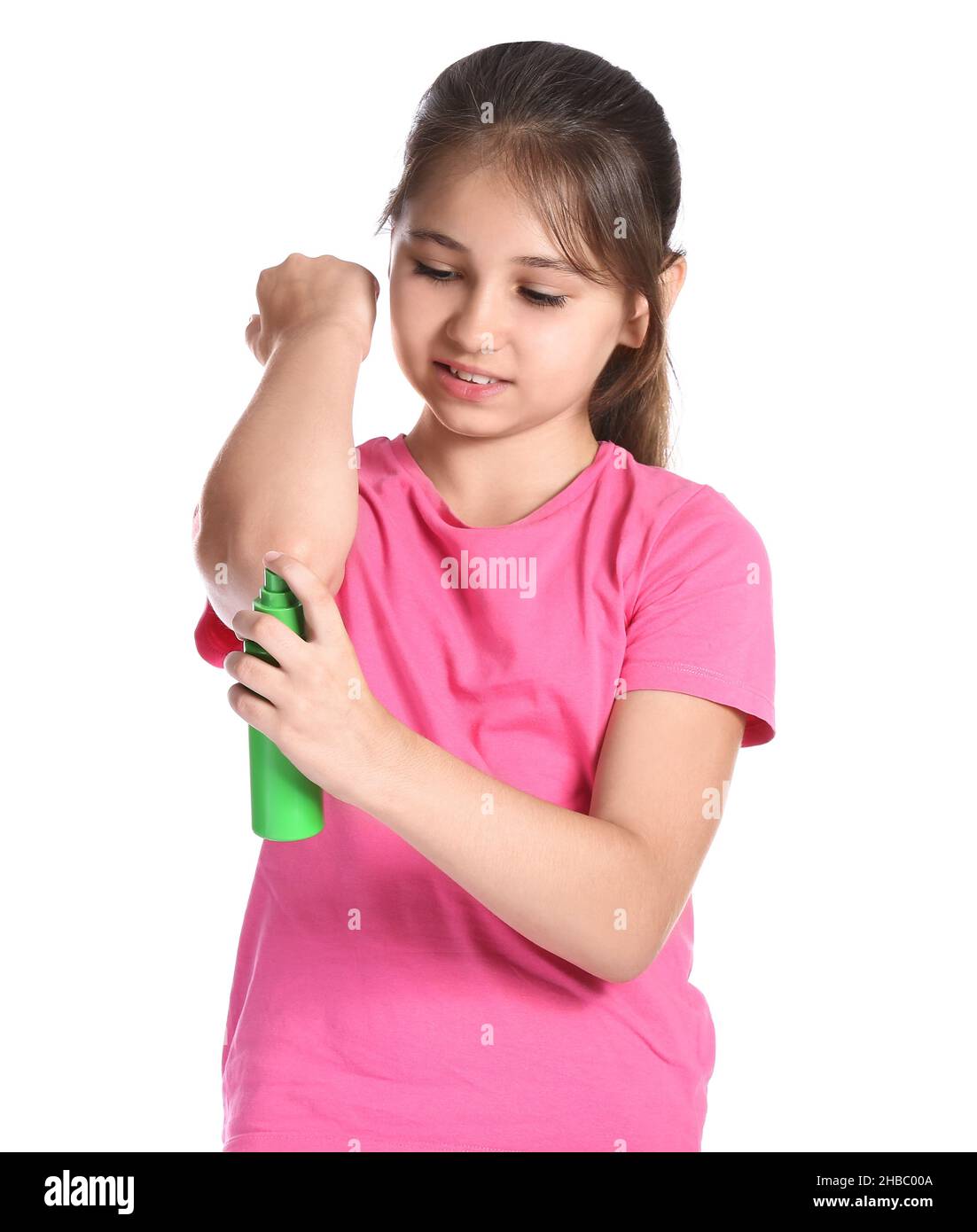Little girl with mosquito repellent on white background Stock Photo - Alamy