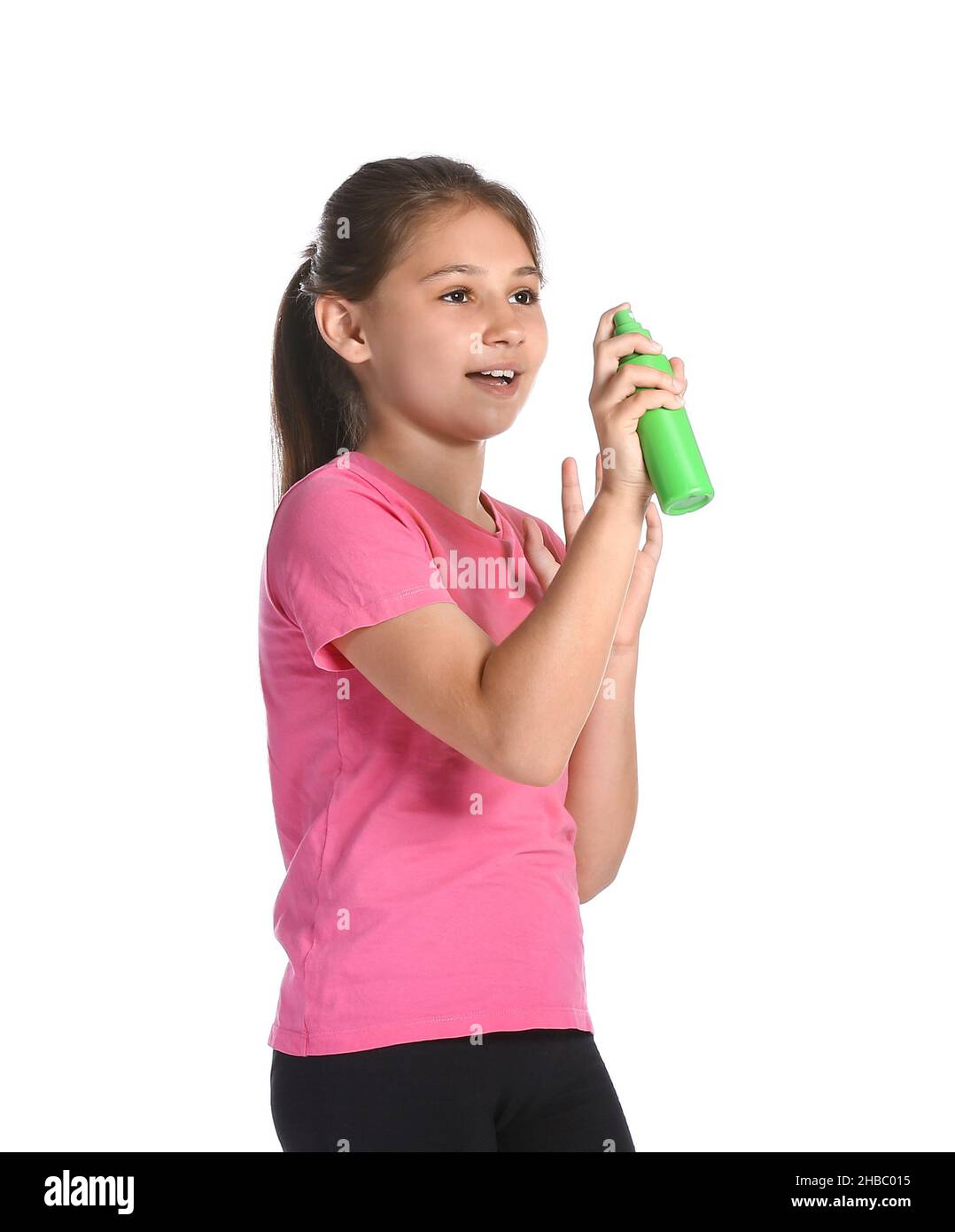 Little girl with mosquito repellent on white background Stock Photo - Alamy