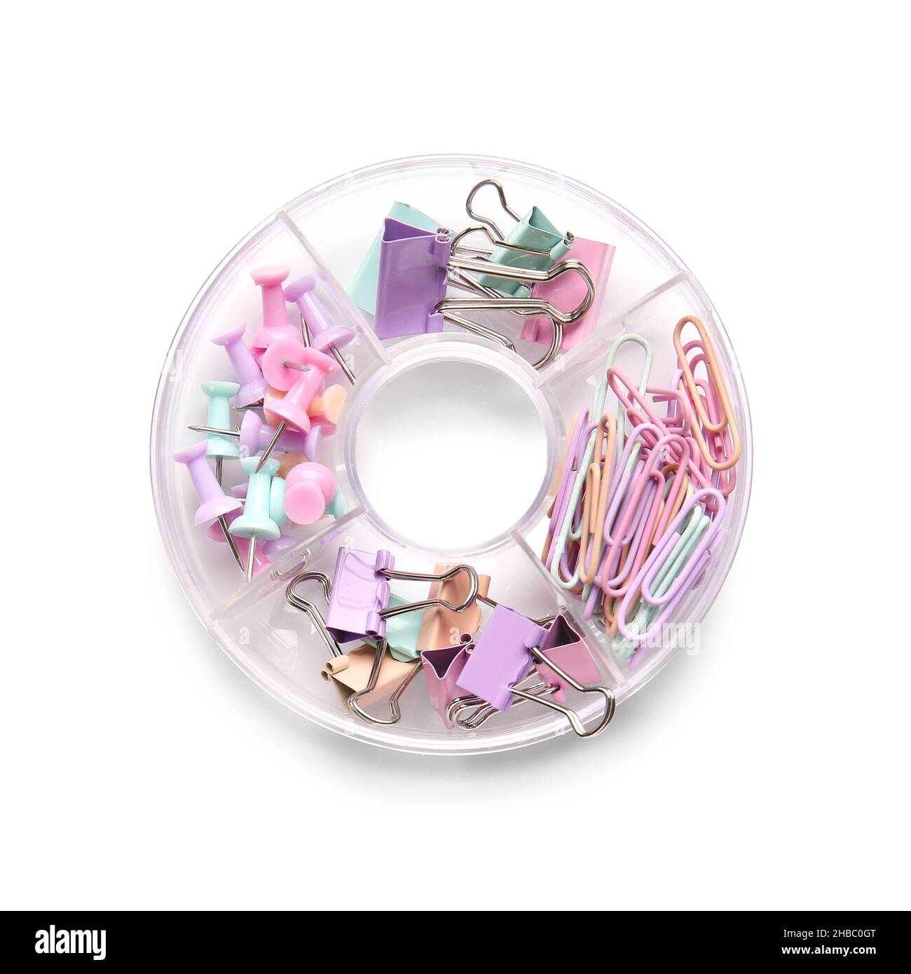 Organizer with paper clips and pins on white background Stock Photo - Alamy