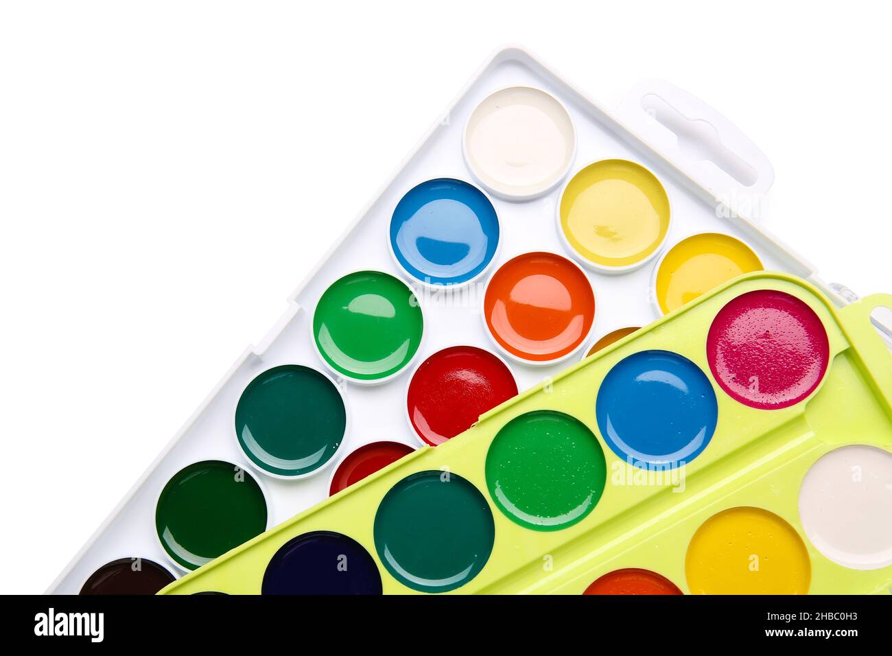 Plastic boxes with watercolor paints on white background Stock Photo ...