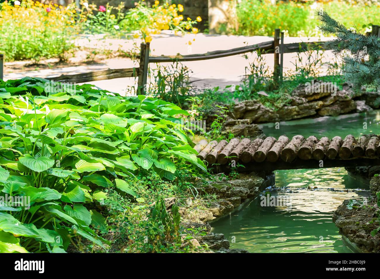 Pond with bridge in beautiful green park Stock Photo - Alamy