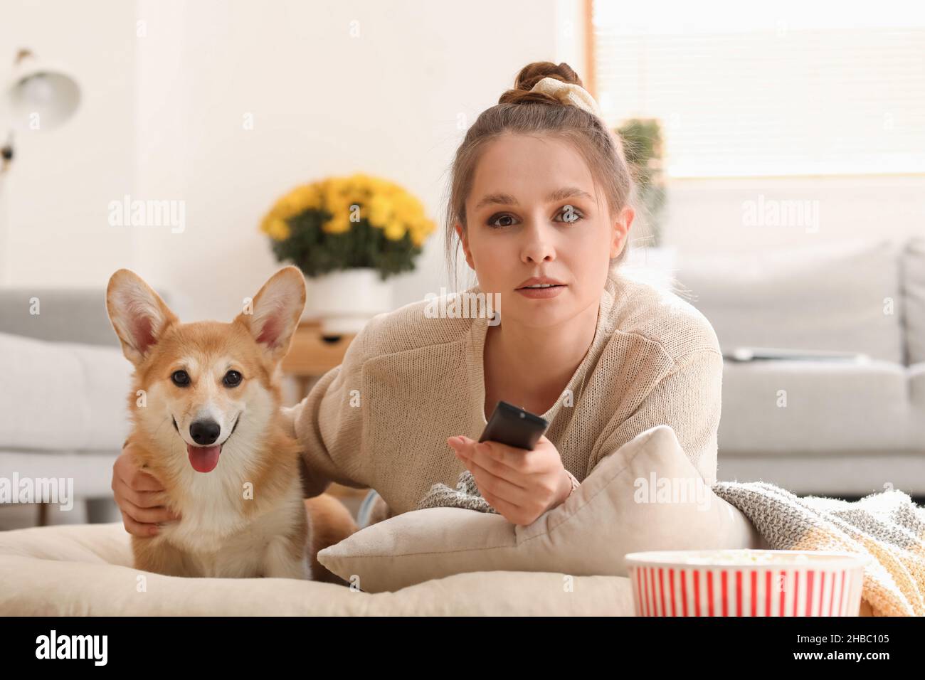 Woman dog watching tv hi-res stock photography and images - Alamy