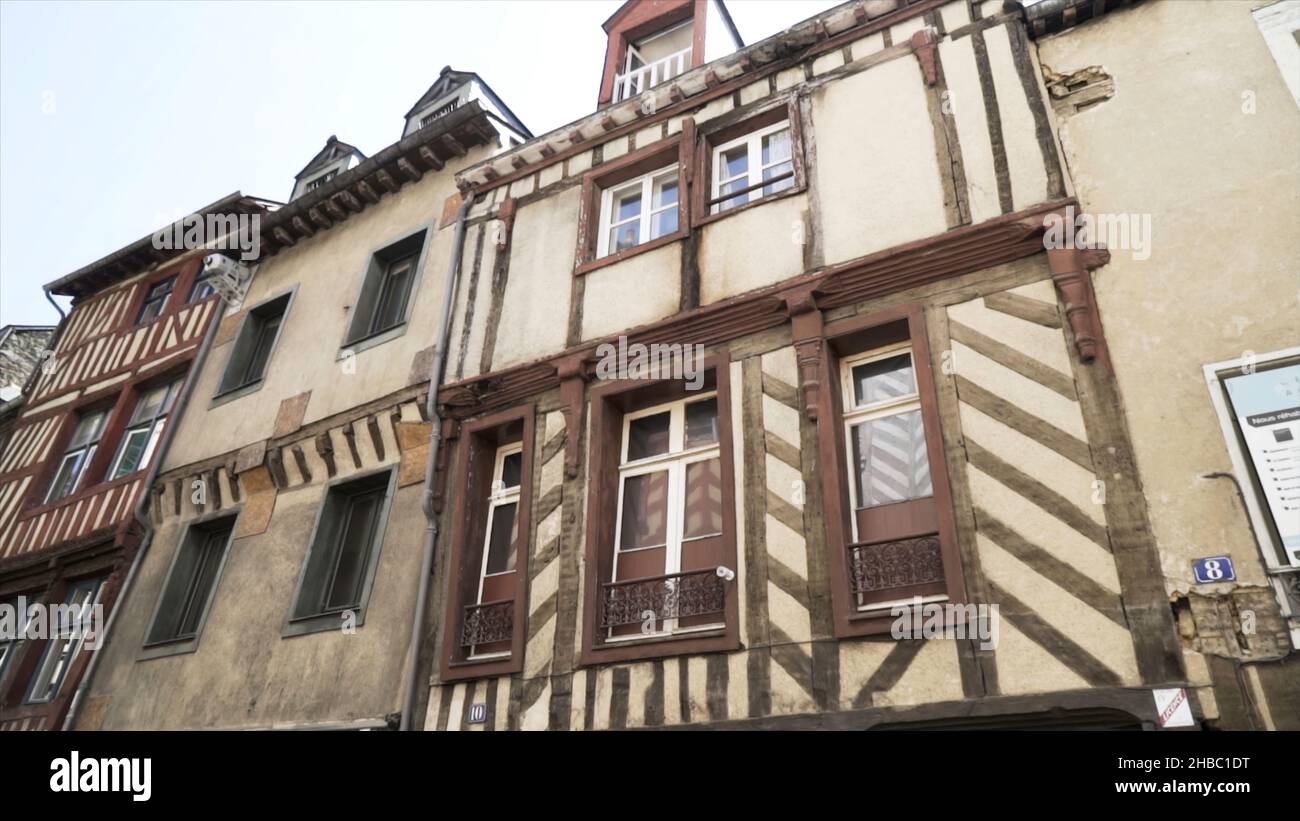 Facades of houses in old city in Europe, bottom view. Beautiful street ...