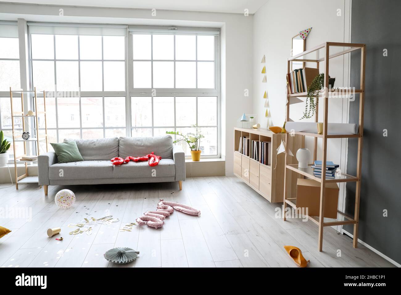 Interior of messy room after party celebration Stock Photo - Alamy