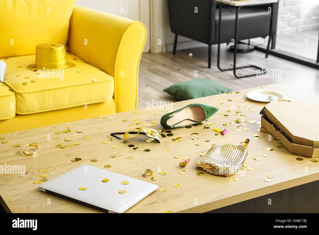 Interior of messy room after Birthday party Stock Photo - Alamy