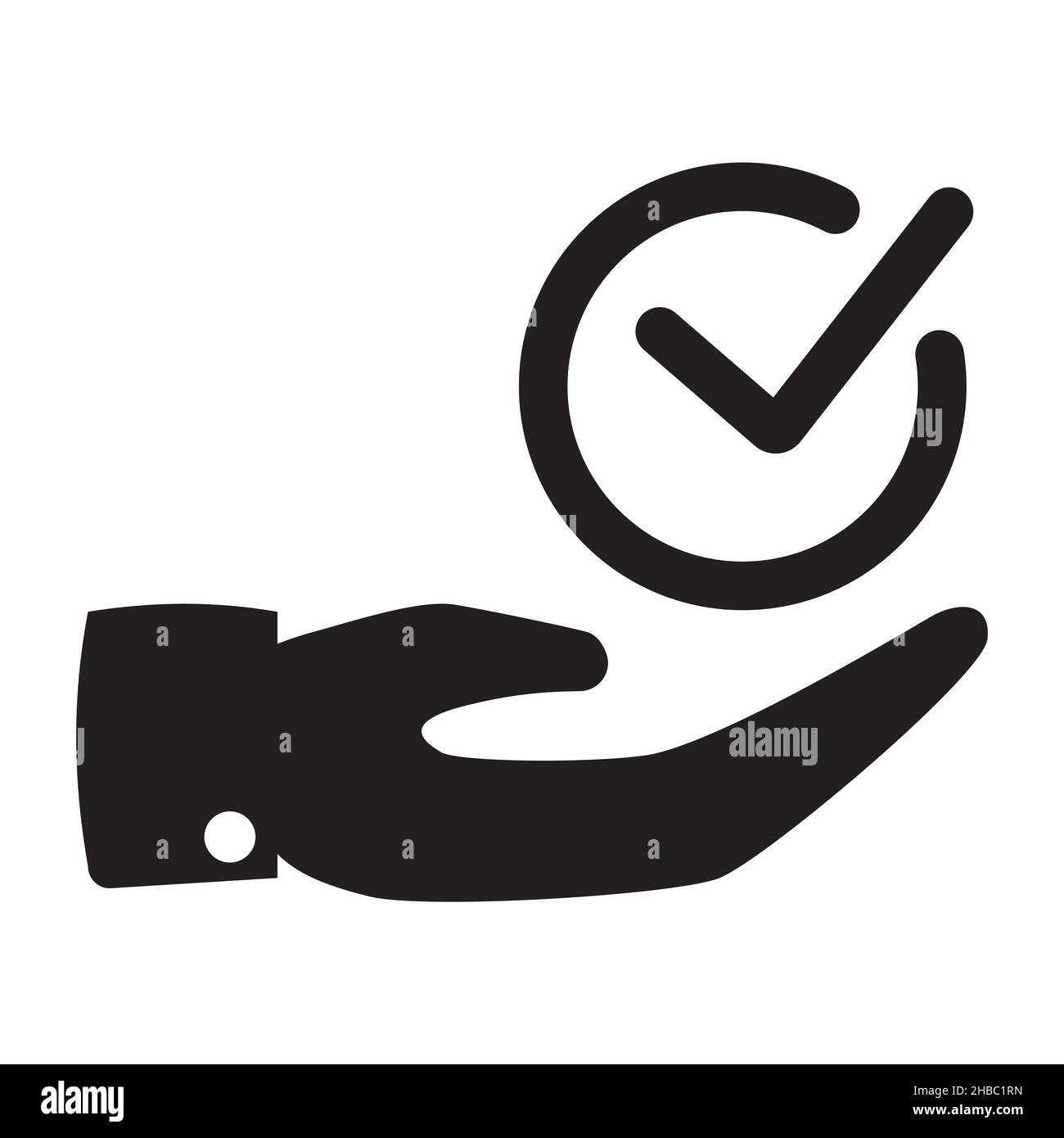 Hand with quality and check mark icon in simple style on white ...