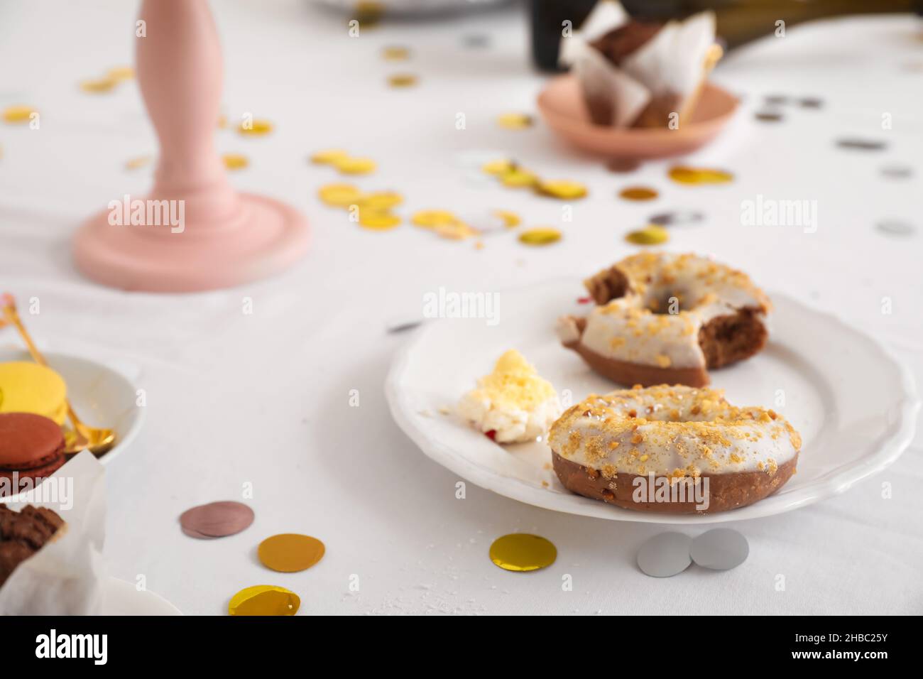 Table with leftovers after party celebration Stock Photo - Alamy