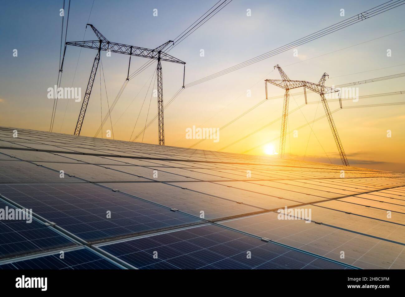 High voltage towers with electric power lines transfering energy from ...